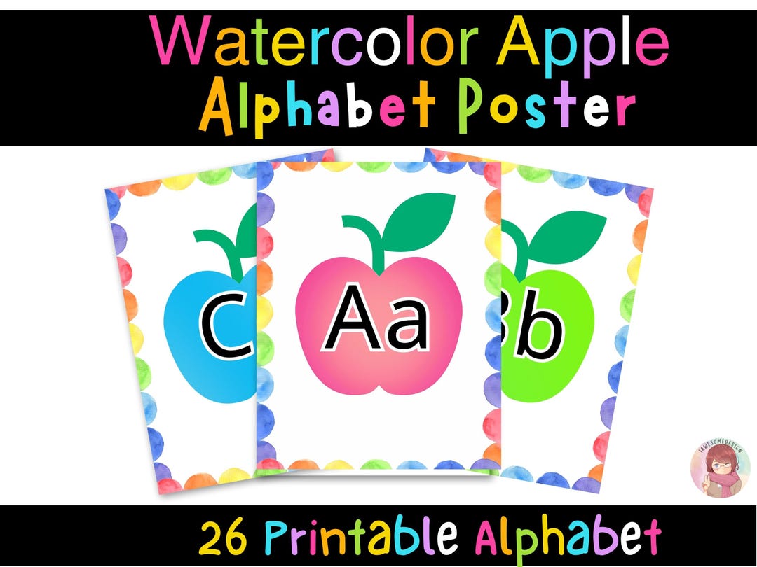 Watercolor Apple Alphabet Poster Classroom Wall Art Educational ABC ...