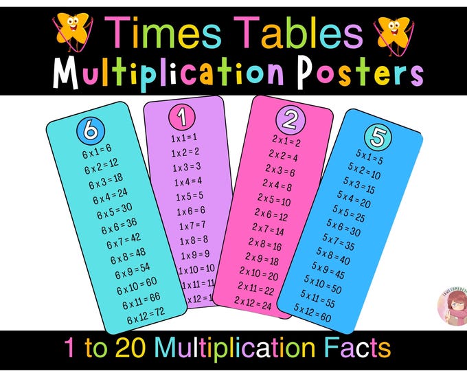 Colorful Times Tables Multiplication Posters, Homeschool Printable 1-20 ...