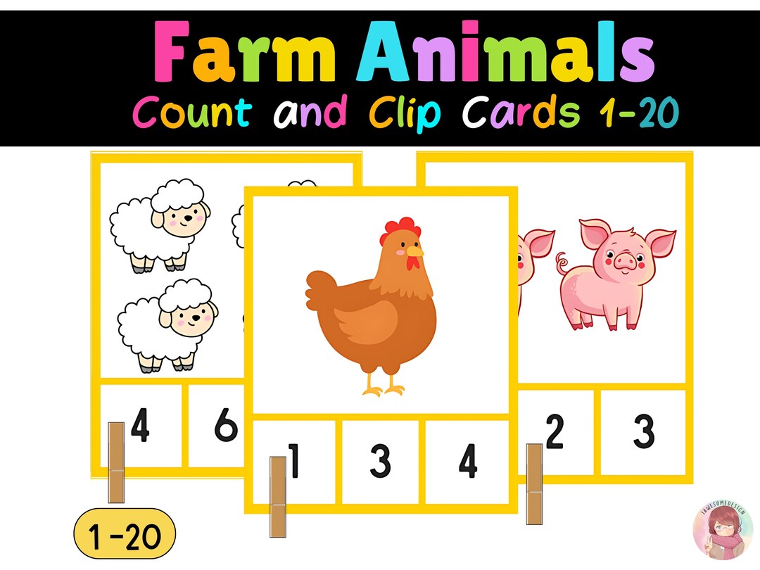 Farm Animals Count and Clip Cards 1-20 Preschool Printable, Activity ...