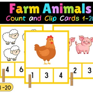 Farm Animals Count and Clip Cards 1-20 Preschool Printable, Activity ...