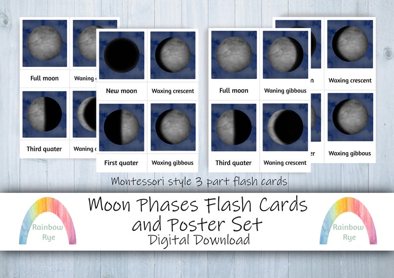 Moon Phases Set - Flash Cards - 3 Part Cards - Poster - Digital ...
