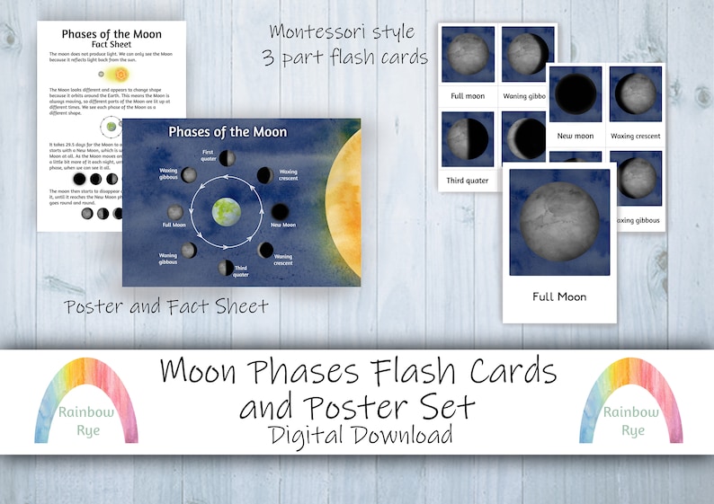 Moon Phases Set - Flash Cards - 3 Part Cards - Poster - Digital ...