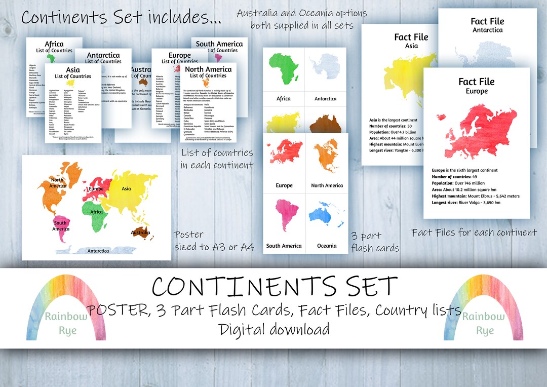 Continents Set Flash Cards Facts Files Country Lists 3 Part Cards ...