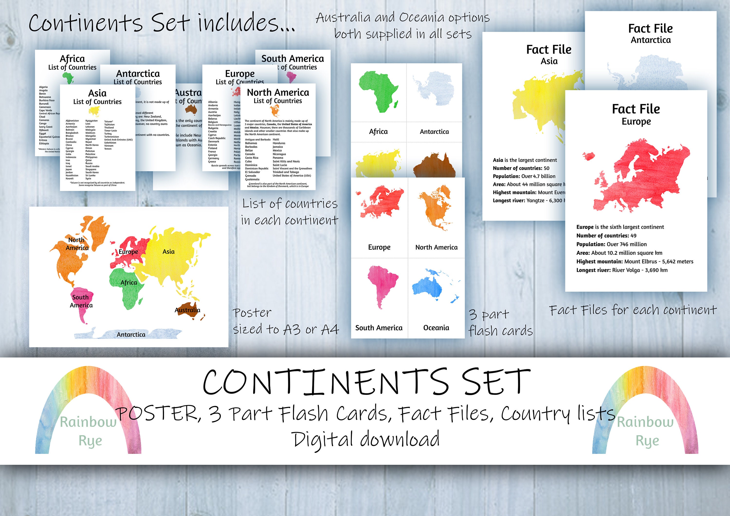 Continents Set Flash Cards Facts Files Country Lists 3 Part Cards ...