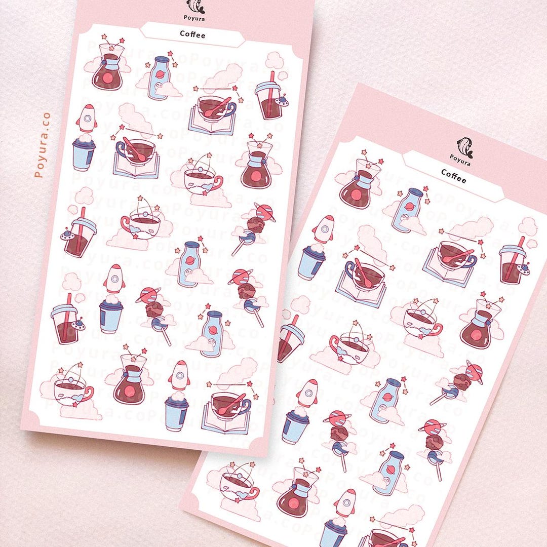 Coffee Sticker Sheet, Cute Aesthetic Cafe Drink, Galaxy Star Rocket ...