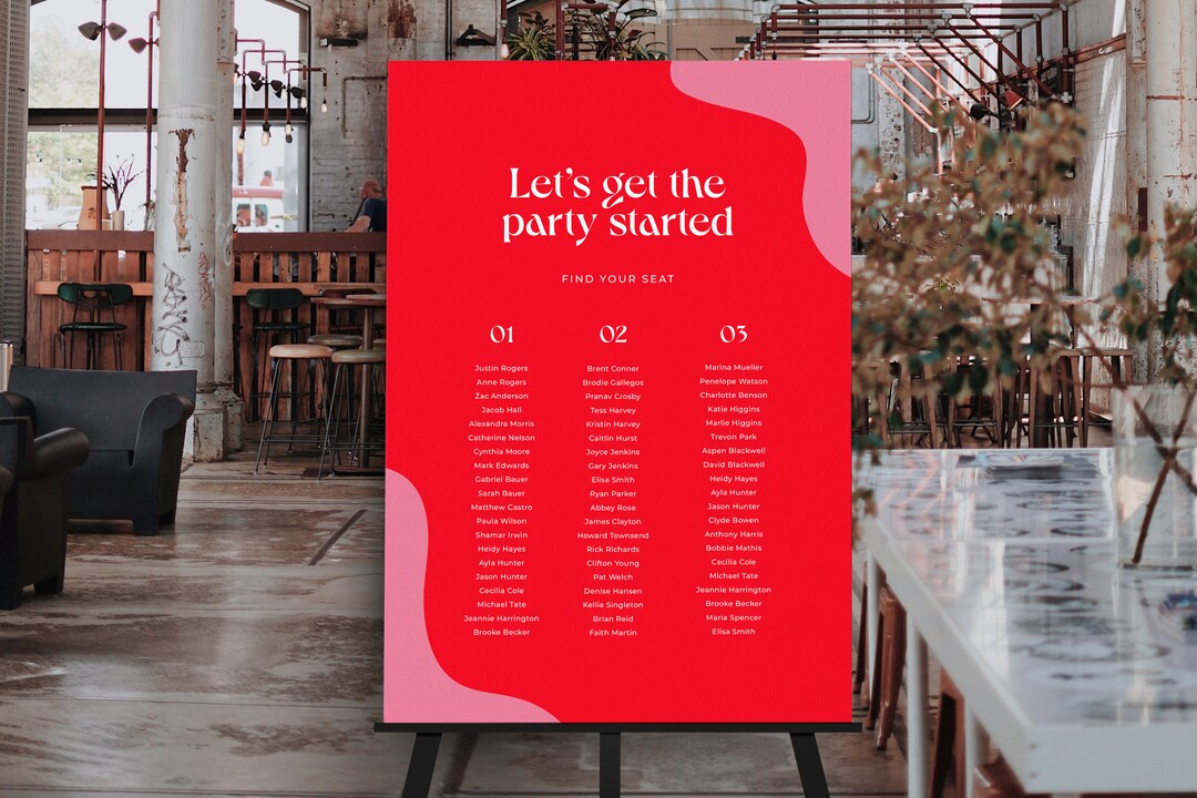 Bold Pink and Red Retro Seating Chart Template, Modern Wedding Seating ...