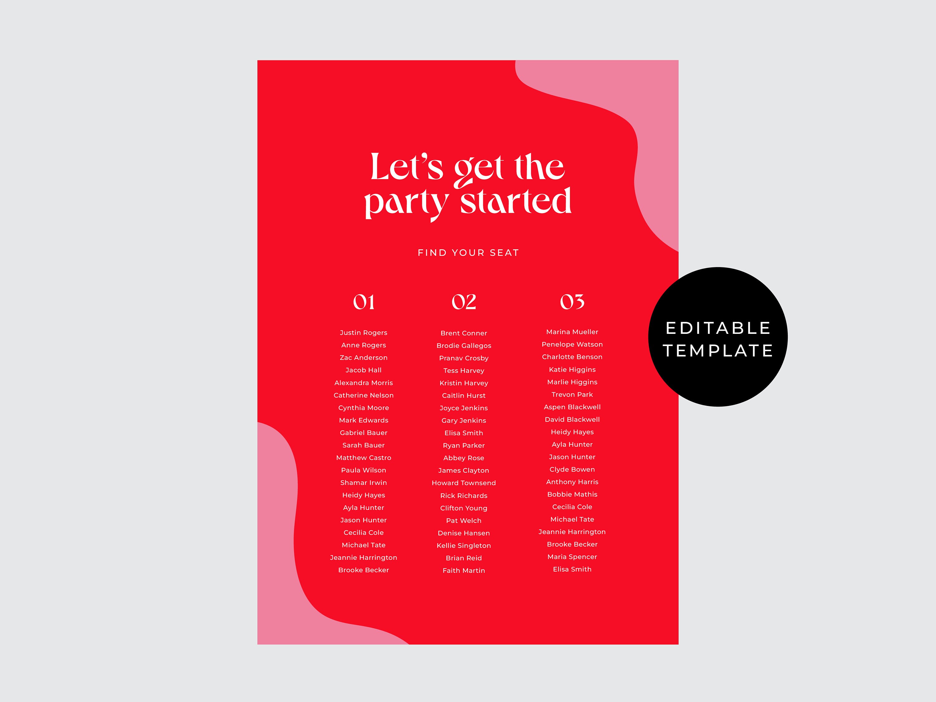 Bold Pink and Red Retro Seating Chart Template, Modern Wedding Seating ...