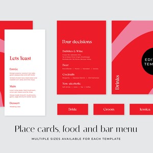 Bold Pink and Red Modern Wedding Place Card and Menu Template, Retro ...