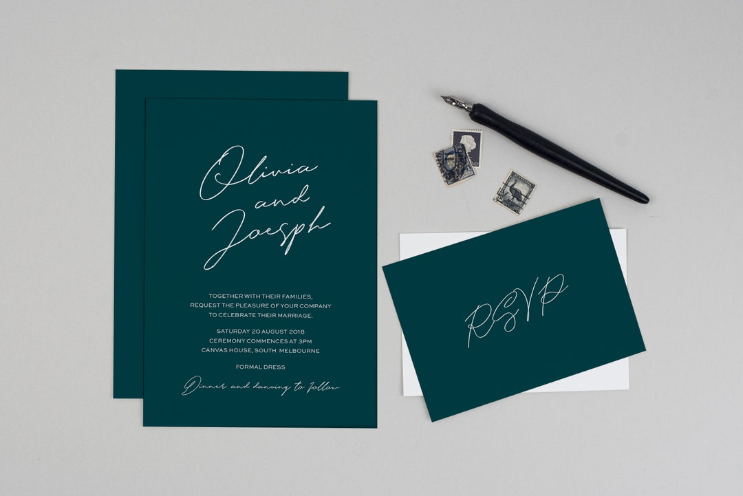 Emerald Green Calligraphy Invitation and RSVP, Modern Minimalist ...