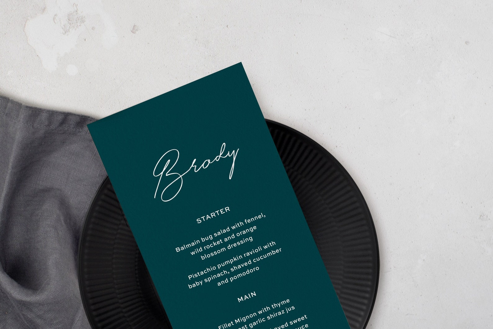 Emerald Green Calligraphy Menu and Name Card, Modern and Minimalist ...