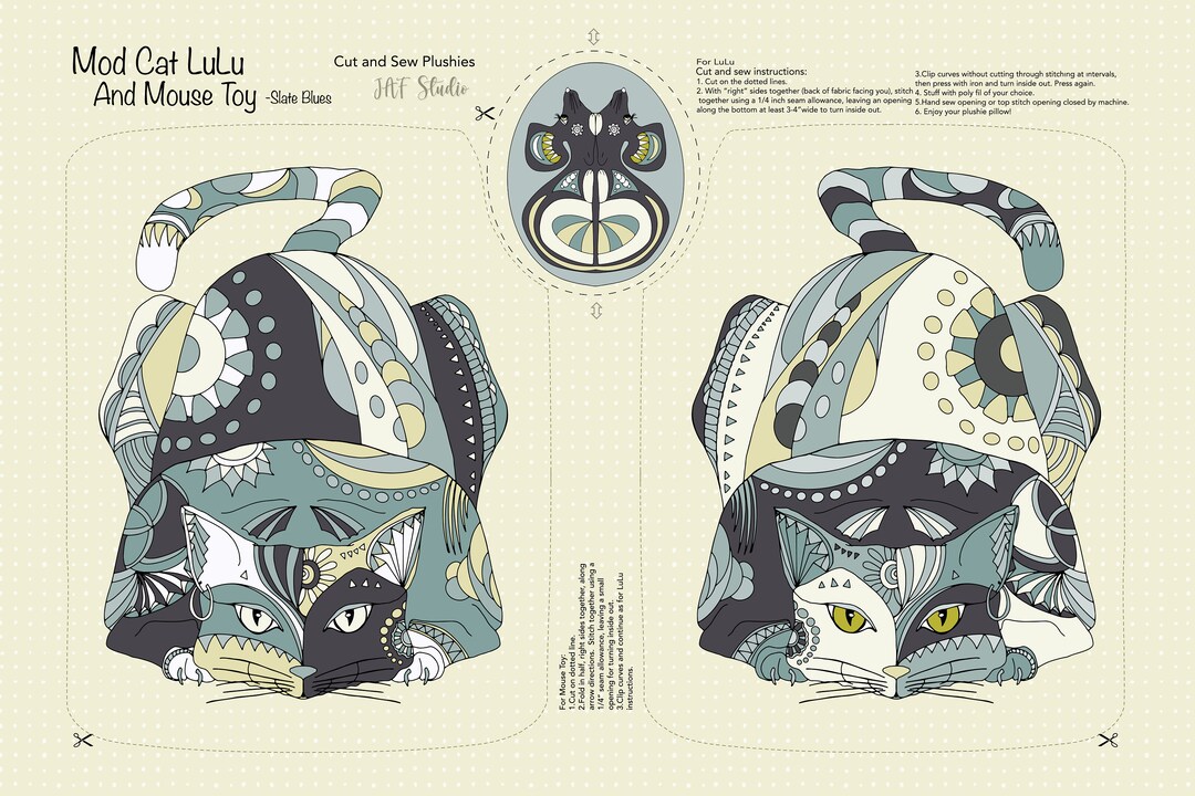 Mod Cat Lulu Fabric Panel/diy Cut and Sew Plushie-pillow/fat Quarter ...