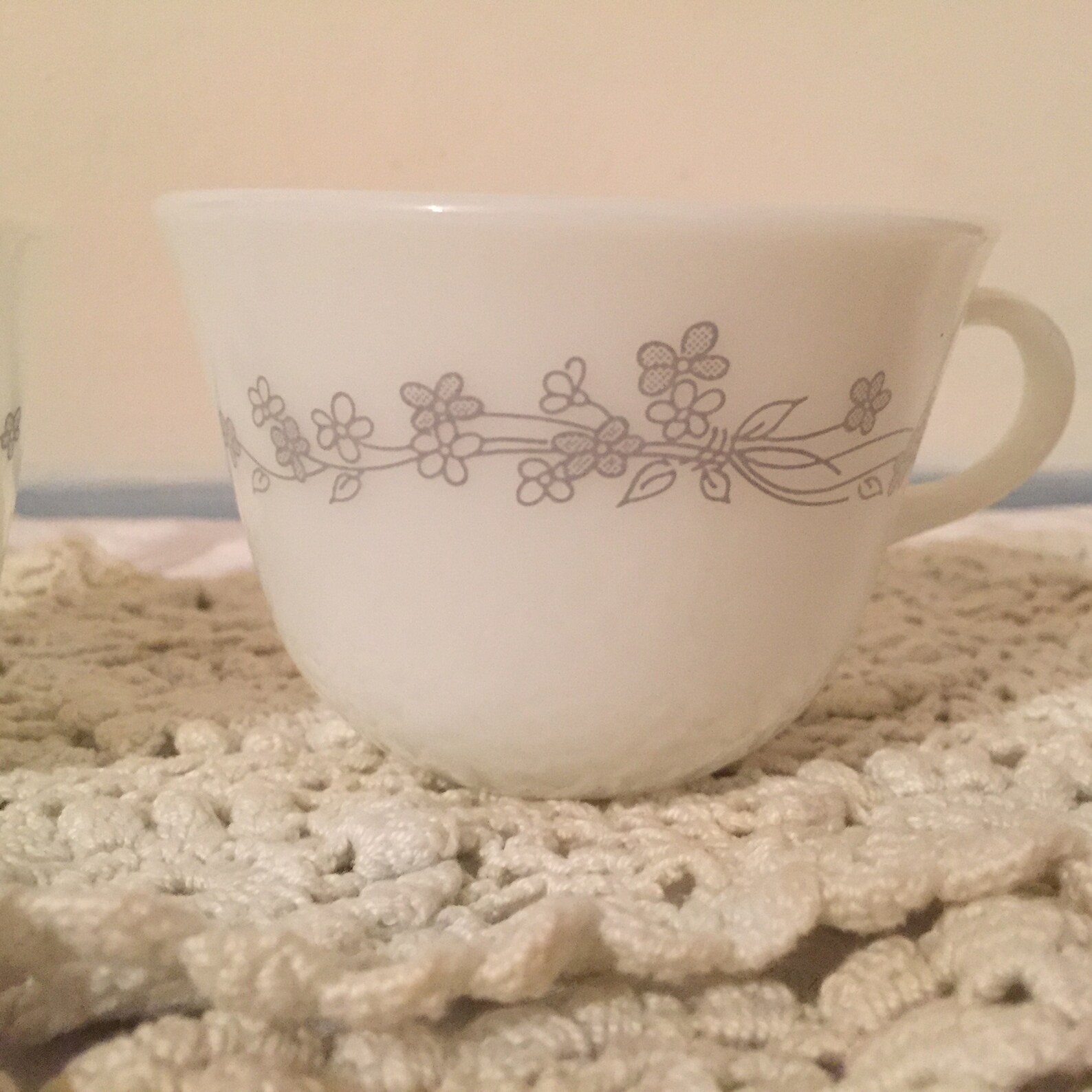 Pyrex Ribbon Bouquet Coffee Mugs Cups Set of 2 Gray and White | Etsy