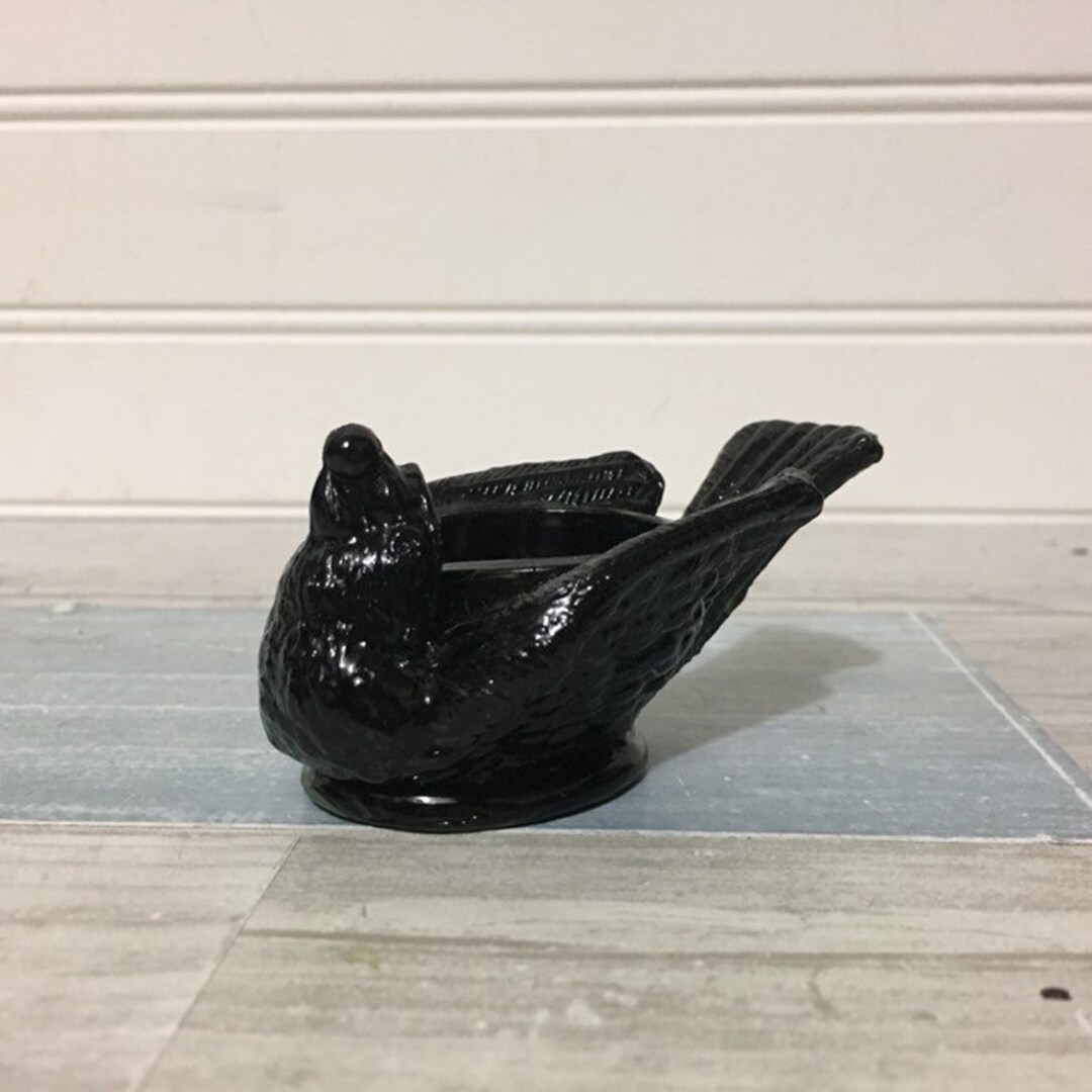 Vintage Degenhart Art Glass Salt Cellar, Bird and Berry, Black With ...