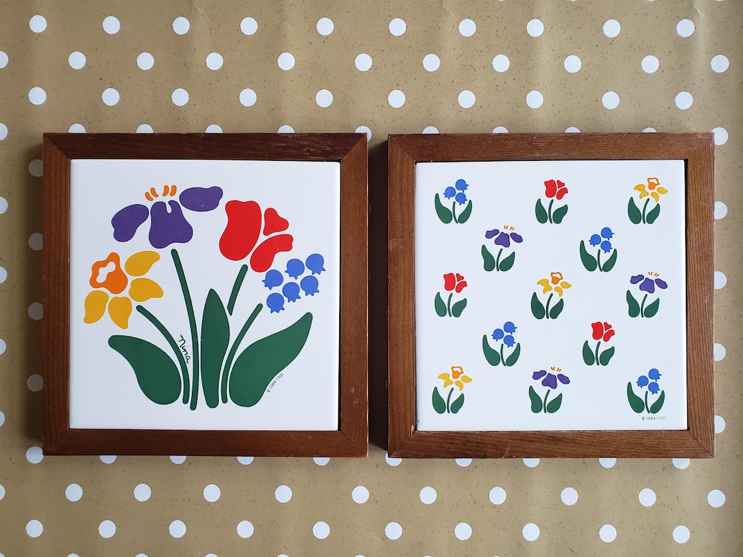 Vintage Wood Framed Ceramic Tile Trivets With Floral Design, Set of 2 ...