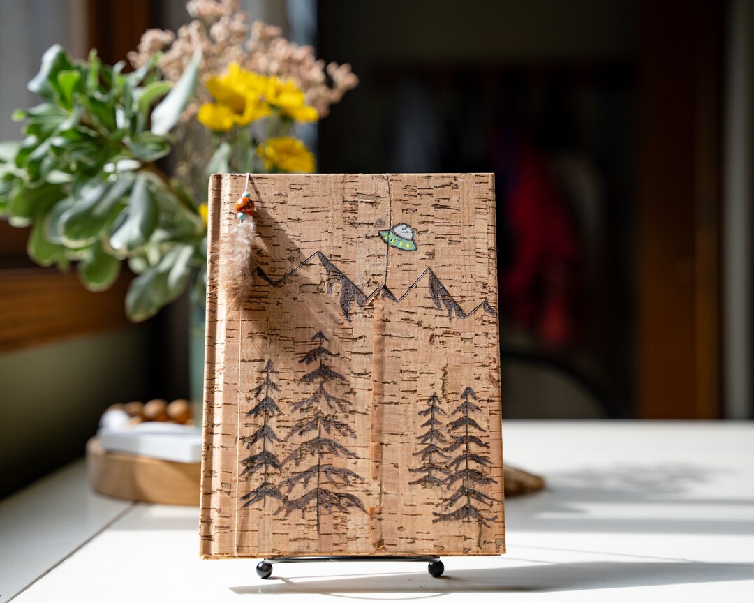 Mountain Journal, UFO & Pine Trees Cork Journal, Freehand Wood-burned ...