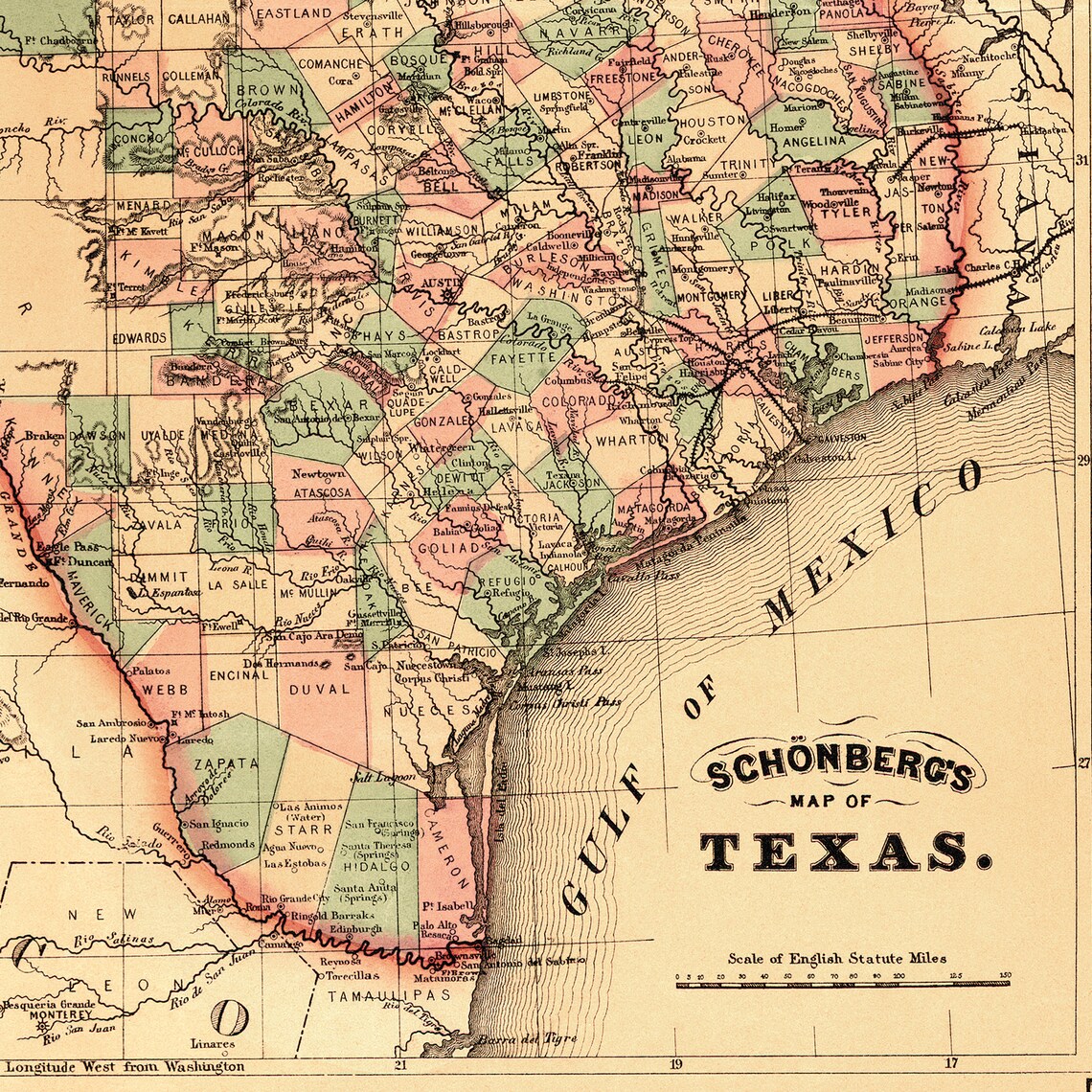 1866 Schönberg's Map of Texas Poster Print, Early Vintage Texas Map ...