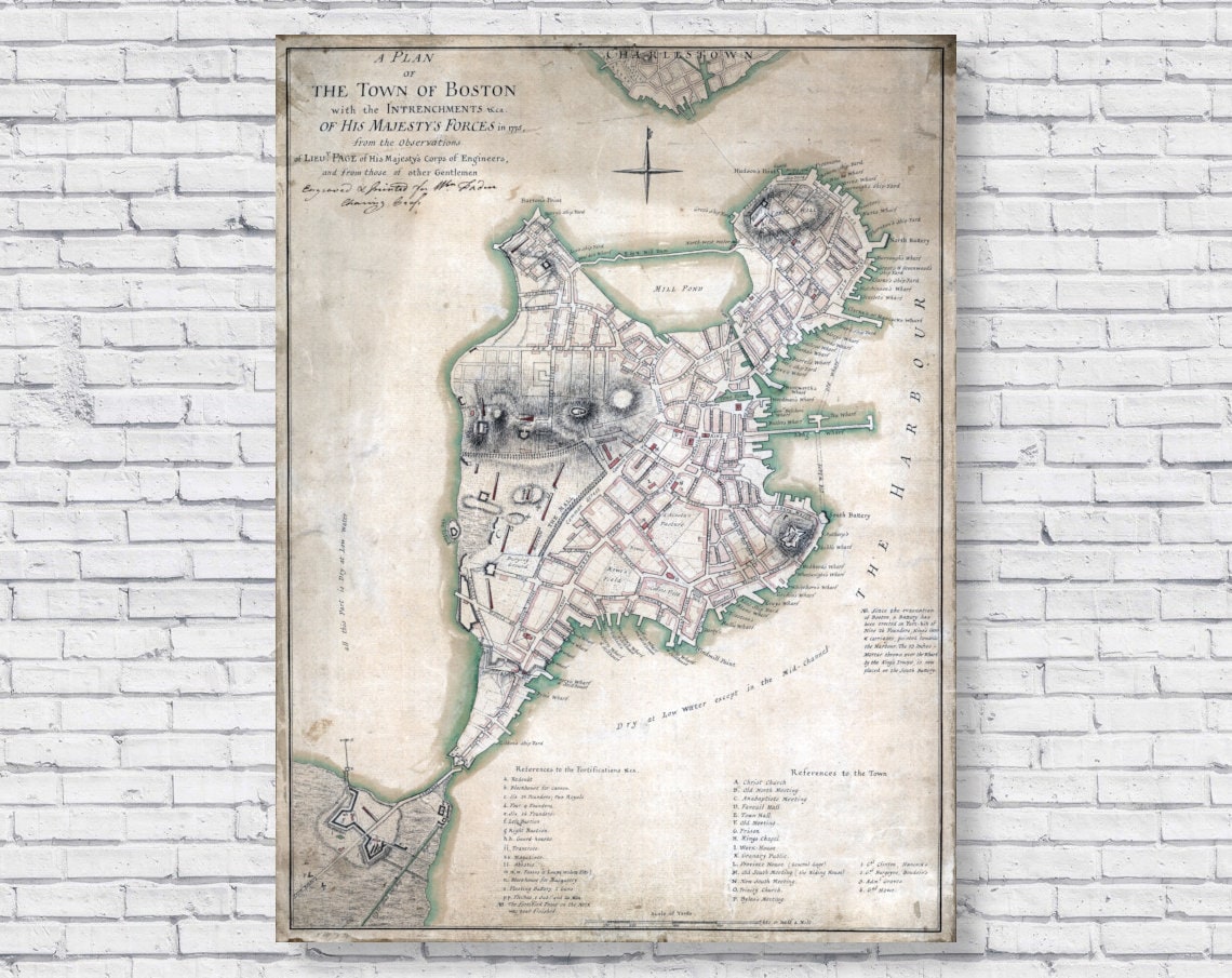 1775 Boston Map Poster Print, Vintage Old City Map Massachusetts Bay ...