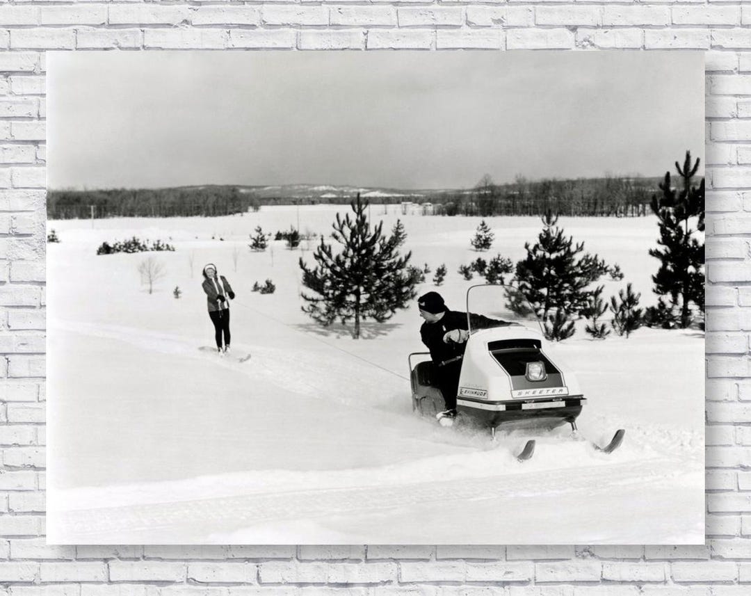 Snowmobile Pulling Skier Vintage Photo Poster Print, Black and White ...