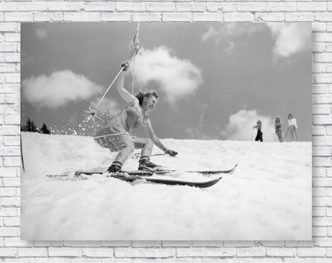 Vintage Girl Slalom Ski Poster Photo, Young Woman Spring Skiing in a ...