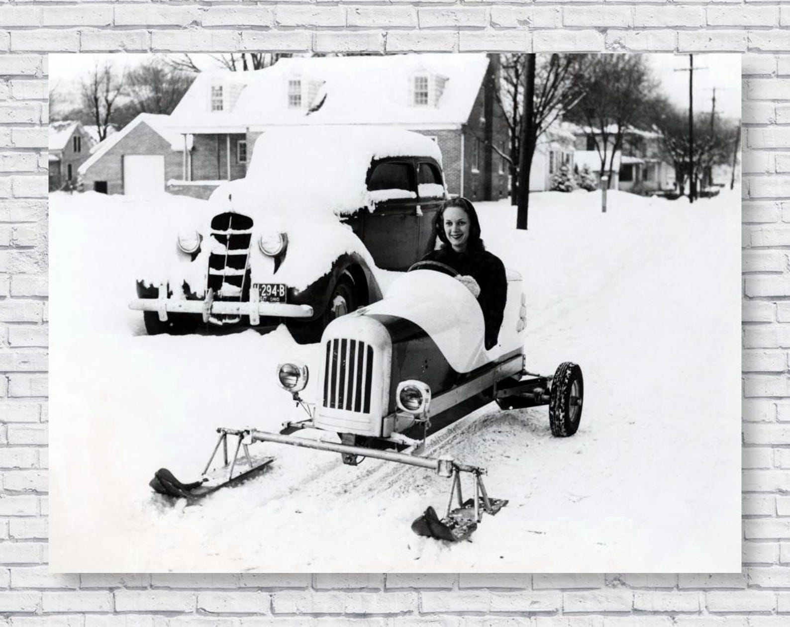 Snow Car Vintage Photo Poster Print, Snowmobile Black and White Picture ...