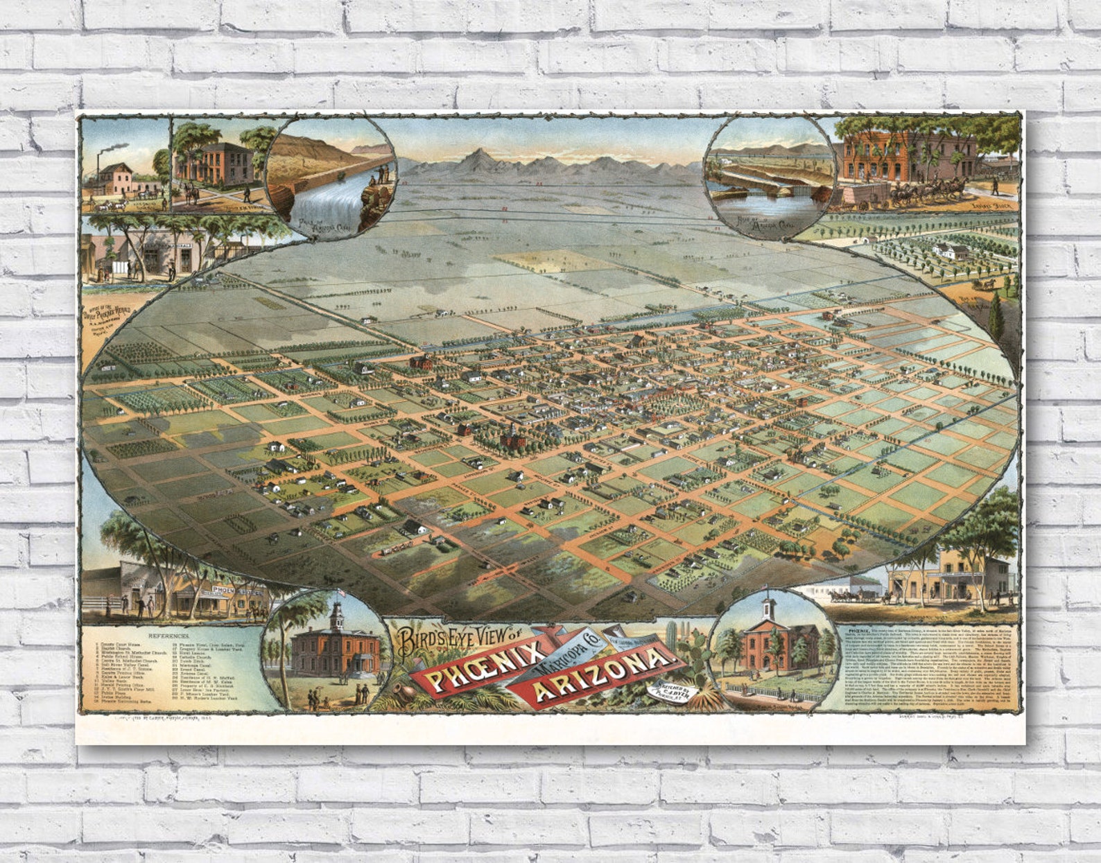 Phoenix Arizona Birds Eye View Map 1885 Maricopa County Old | Etsy