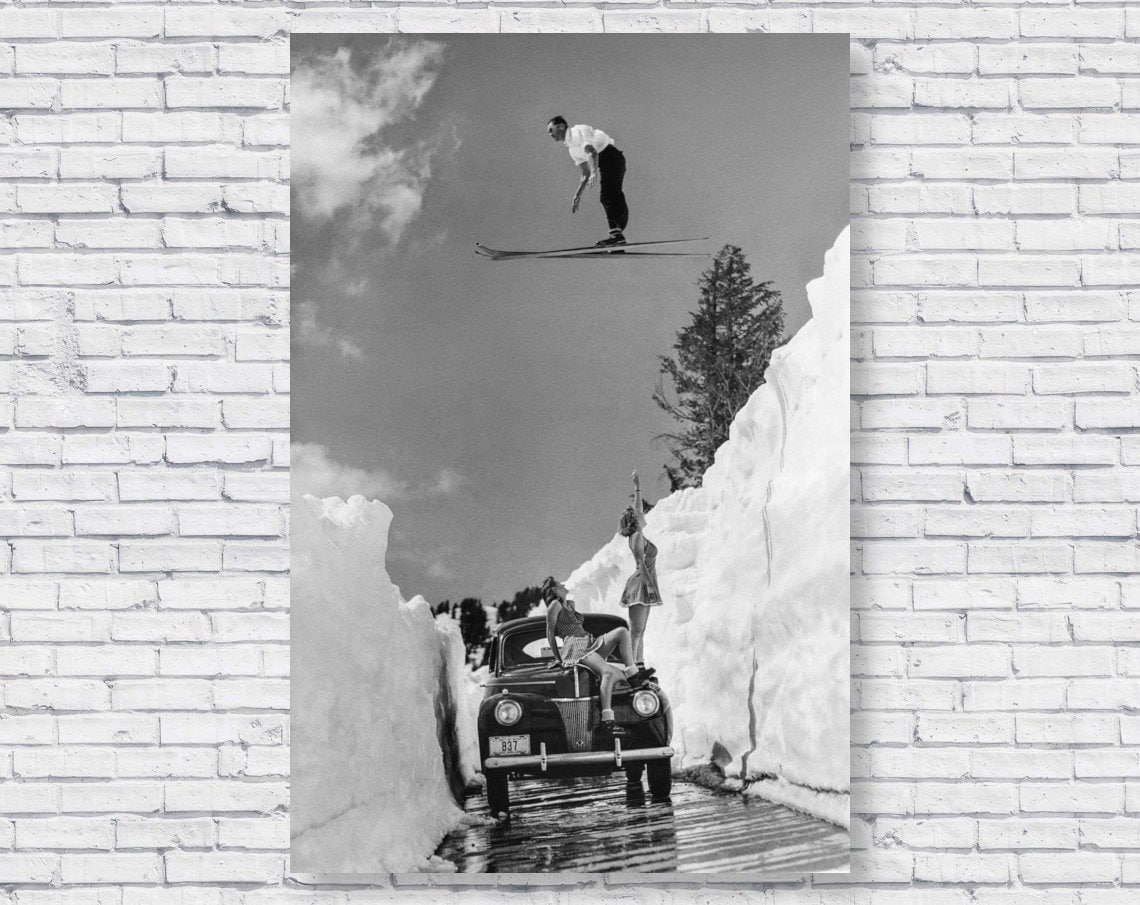 Vintage Ski Jump Over Car and Girls Photo Poster, Road Gap Skier Jumps ...