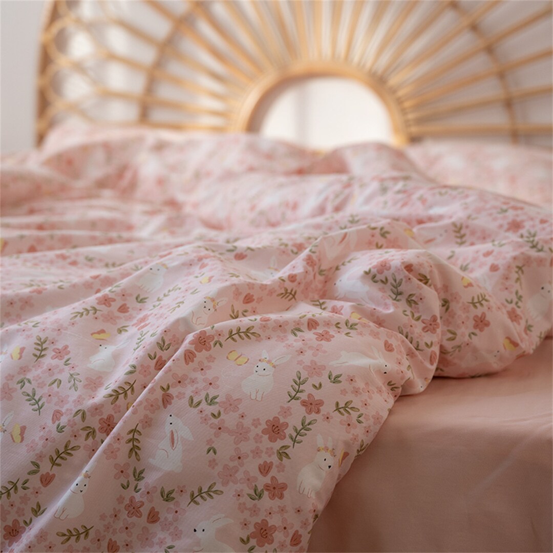 Lovely Rabbits Pink Duvet Cover With Flowers Leaves Cute Girls - Etsy