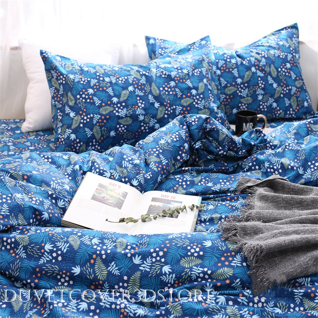 Deep Blue Mediterranean Blue Bedding Set Leaves Duvet Cover - Etsy