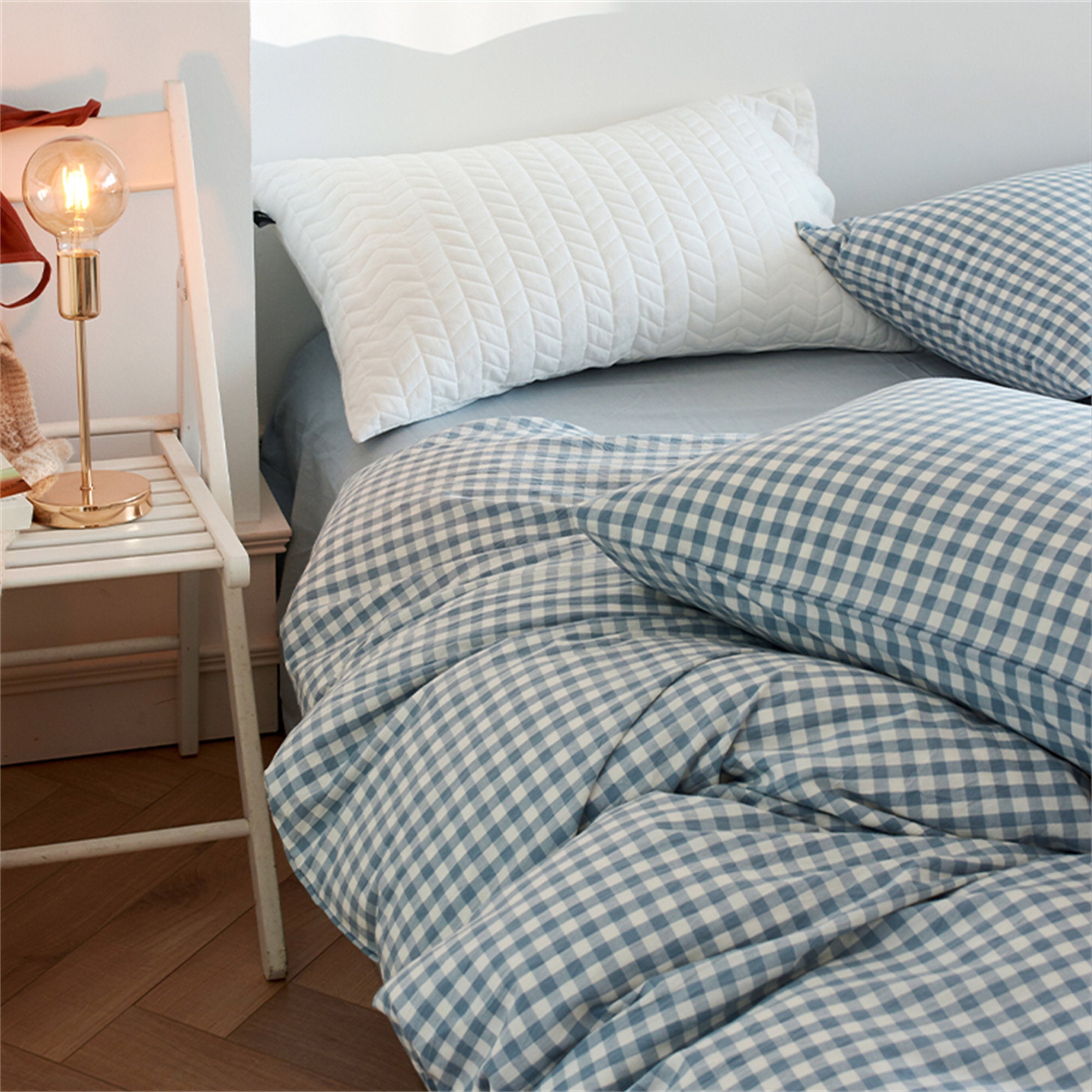 Light Blue Plaid Soft Bedding Sets 100% Cotton Concise Style - Etsy