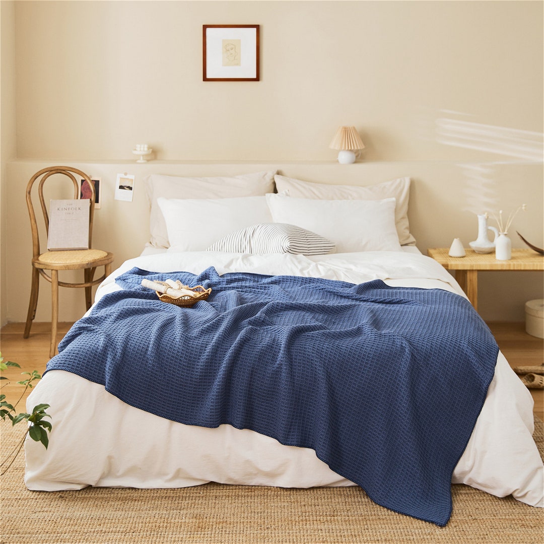 Navy Walf Checks Blanket Bed Towel Blanket Knitted Throw - Etsy UK