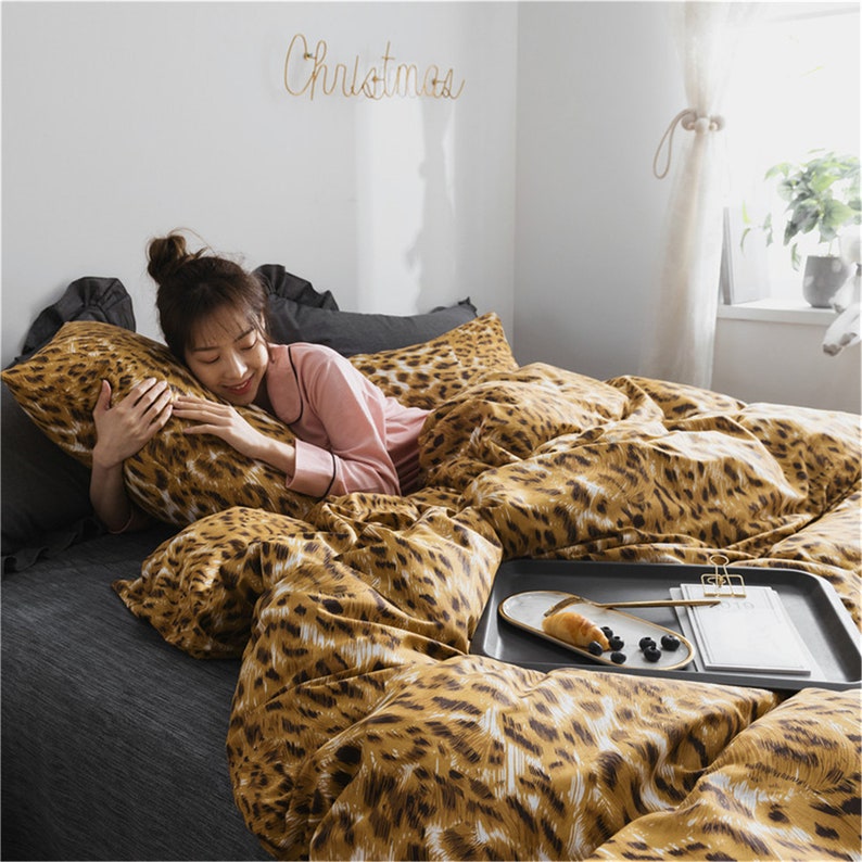 Golden Leopard Print Duvet Cover Set 100 Cotton Comfortable Etsy