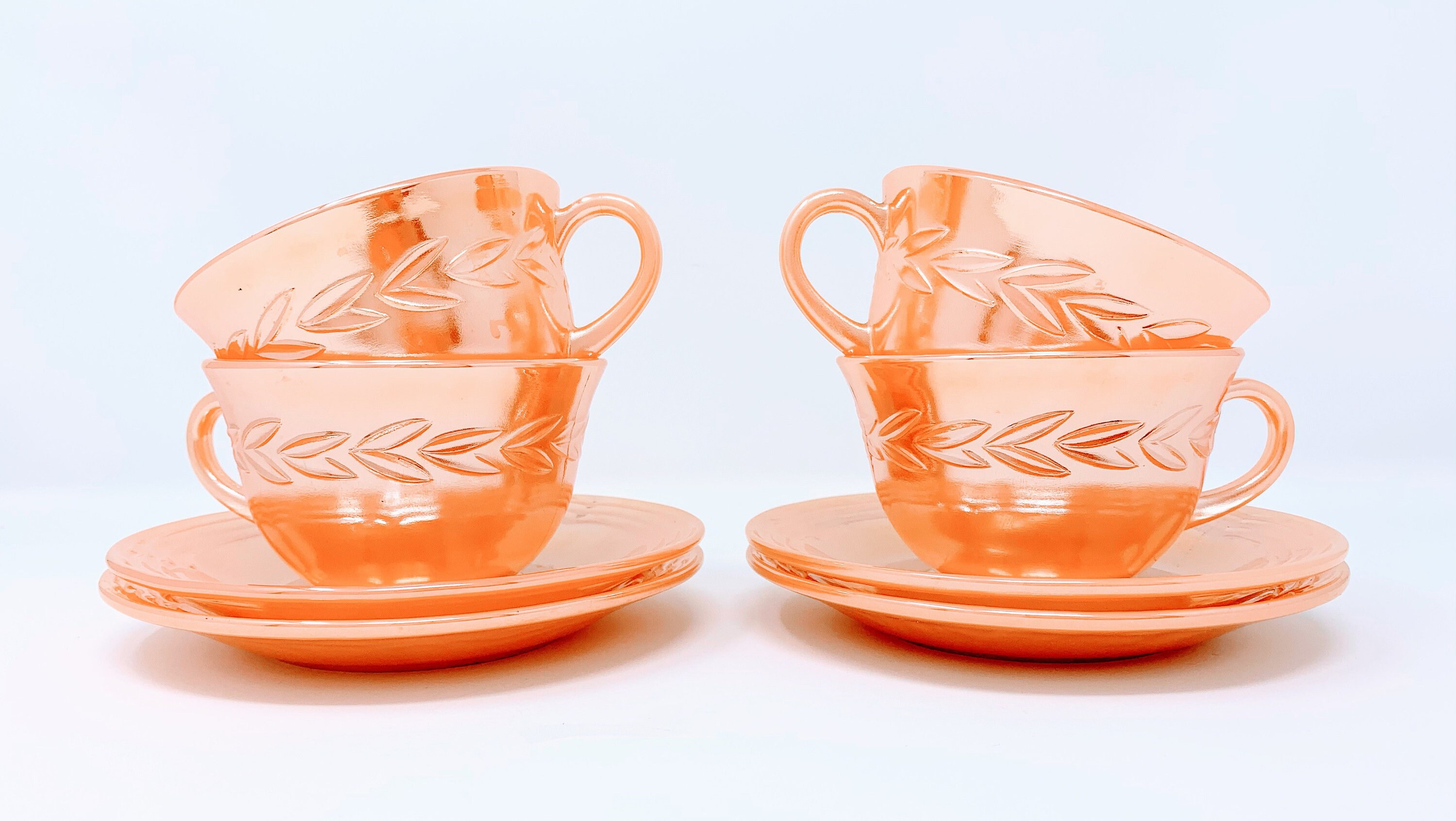 Set of Four Vintage Fire King Cups and Saucers Peach | Etsy