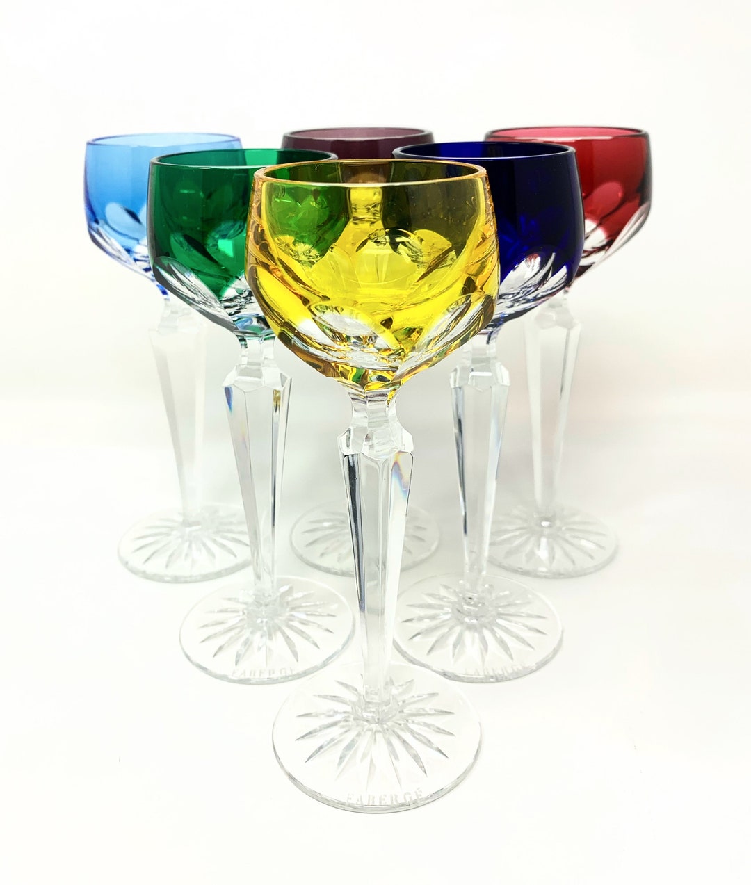 Set of Six Vintage Multicolored Faberge Crystal Lausanne Liquor ...