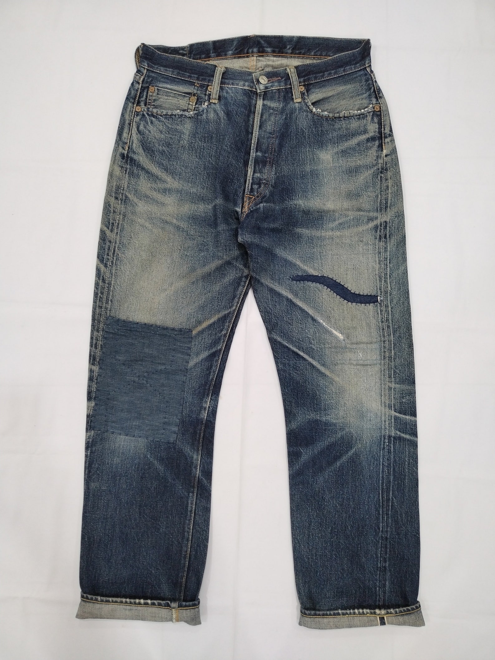 W32 Reworked DENIME Leather Patch Selvedge Jeans With Handstitched Patchwork - Etsy