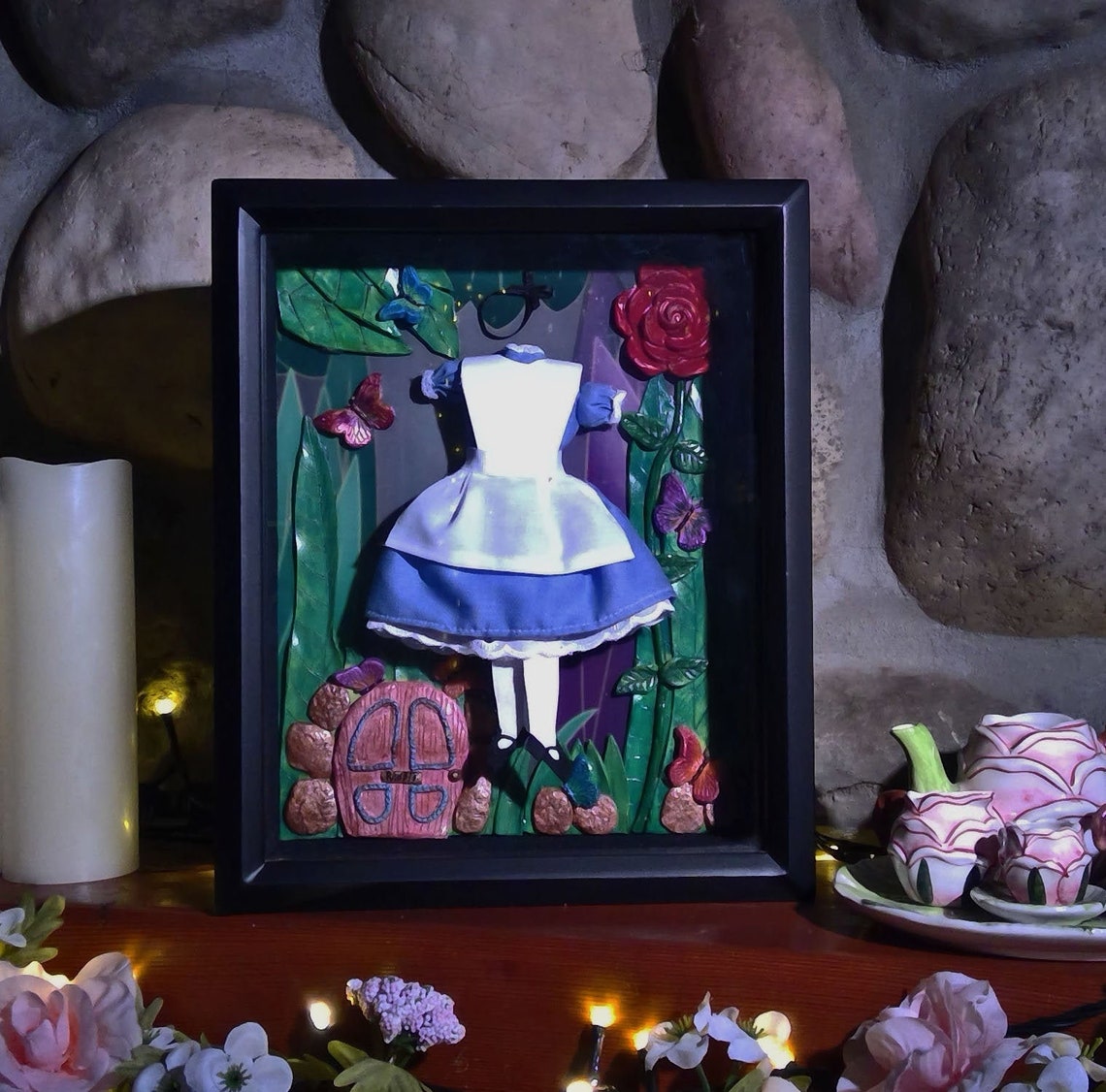 Shadow Box 9 X 11 Alice in Wonderland Hand-made Miniature Blue Dress ...
