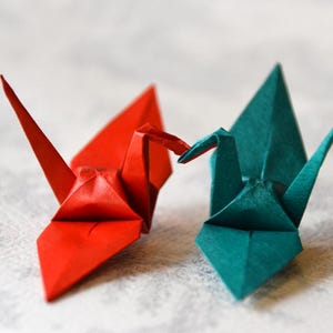 Origami Paper Kissing Connected Cranes Red Green Christmas Ornament ...
