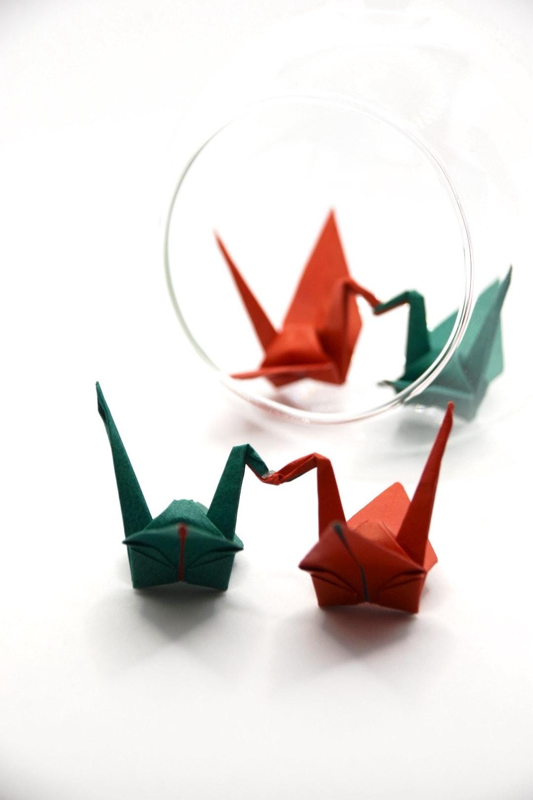 Origami Paper Kissing Connected Cranes Red Green Christmas Ornament ...