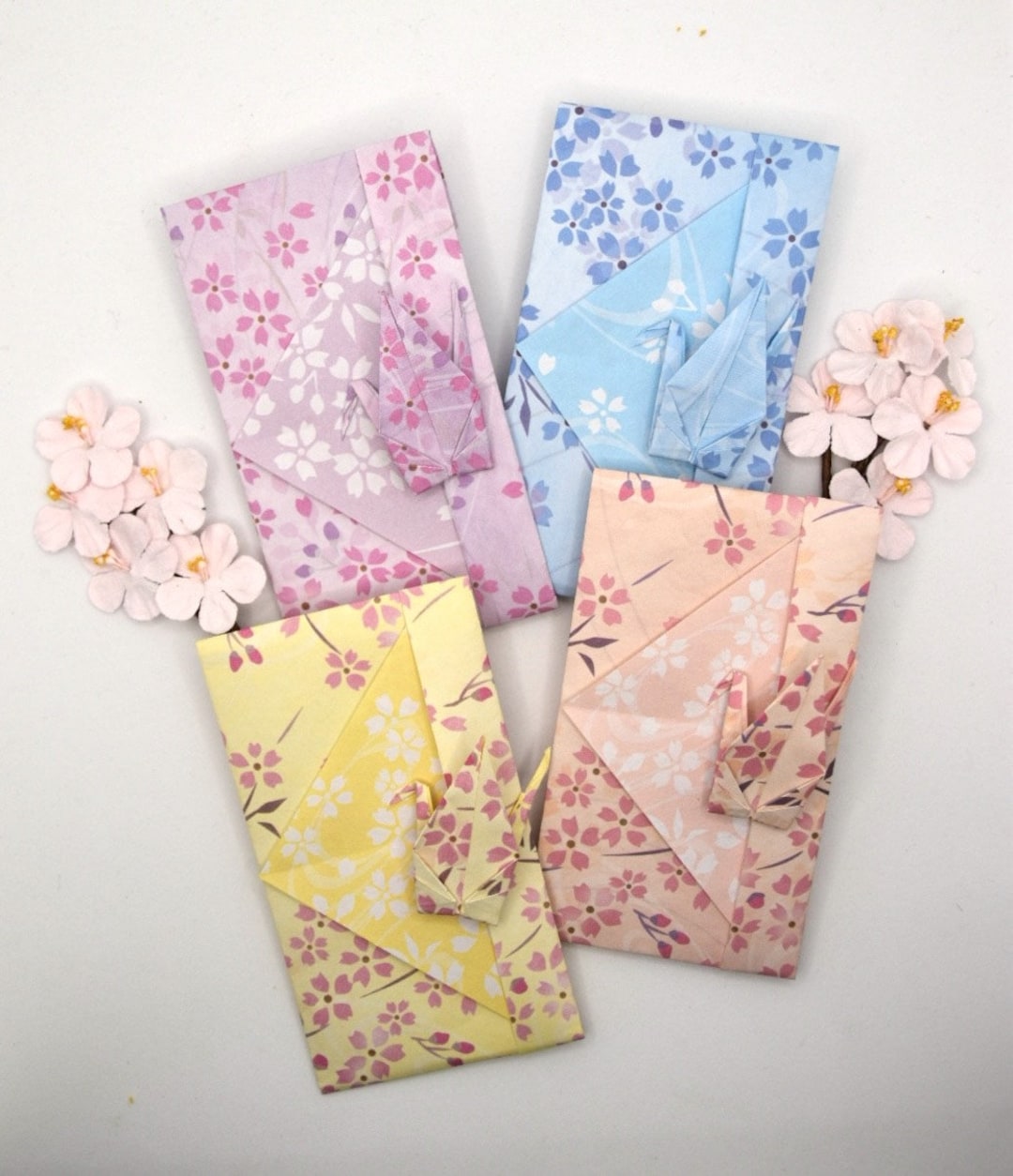 Set of 4 Origami Money Envelope Crane Decoration Sakura Cherry Blossom ...