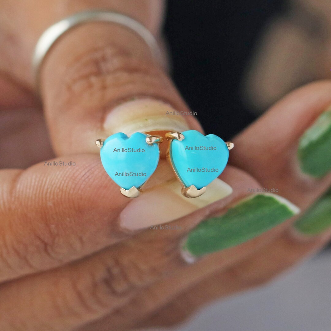 14k Gold Heart Stud Earrings Gold Turquoise Heart Stud 14k - Etsy