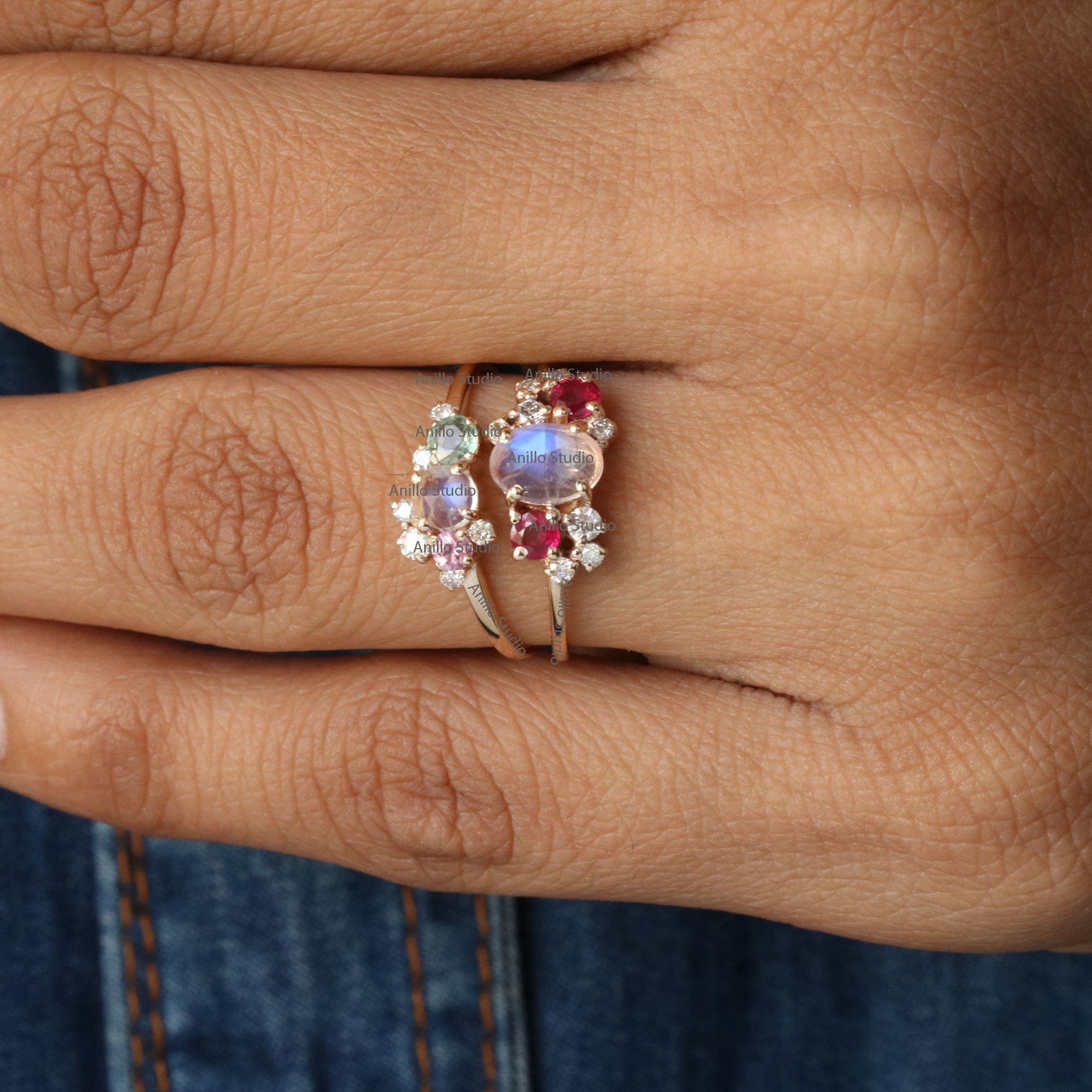 Oval Moonstone & Ruby Gemstone Cluster Ring Natural Studded - Etsy