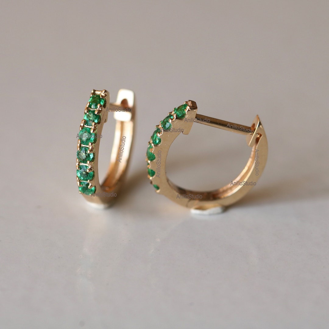 Solid 14k Yellow Gold Emerald Hoops Earring, Delicate Natural Gemstone ...