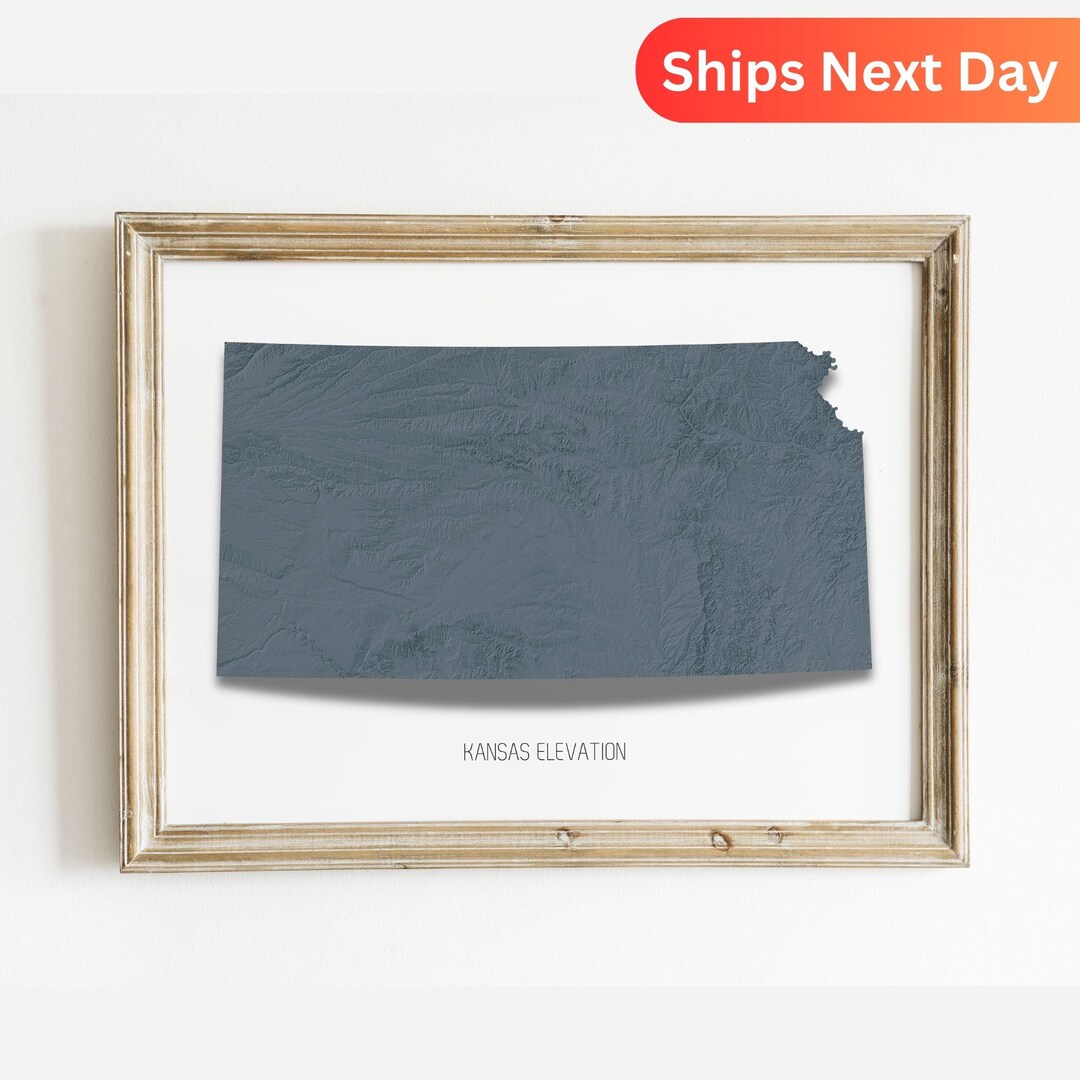 Kansas Elevation Map of Kansas Terrain Wall Art for Kansas Nature Lover ...
