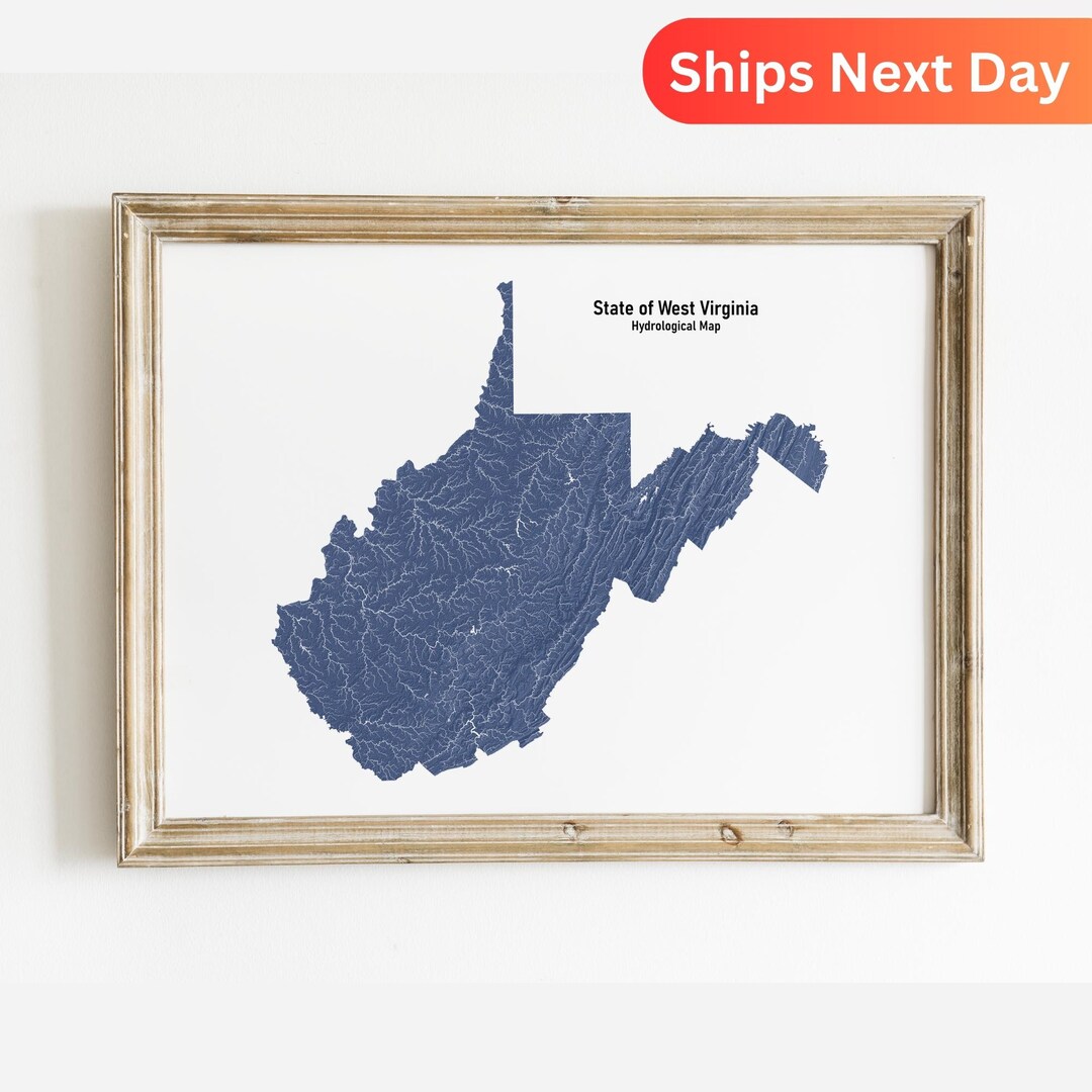 West Virginia Hydrology Map of West Virginia Rivers and Lakes Wall Art ...