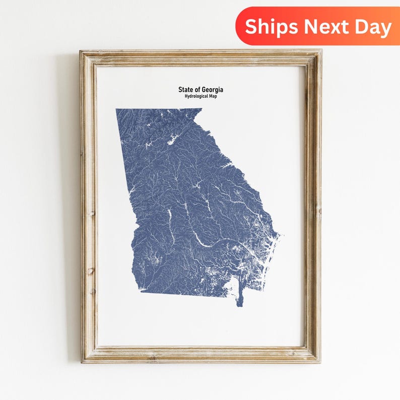 Georgia Hydrology Map of Georgia Rivers and Lakes Wall Art for Georgia ...