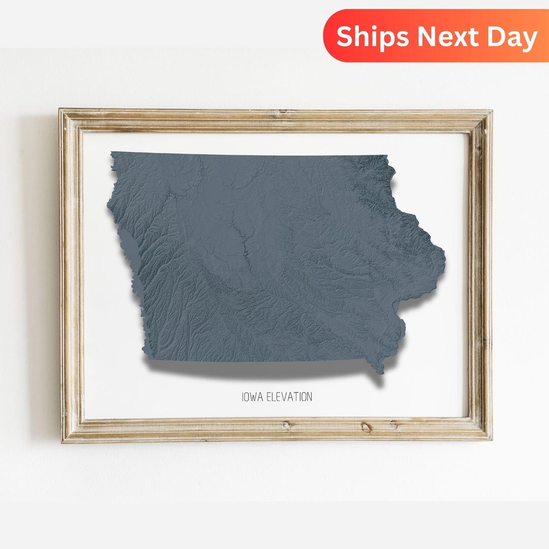 Iowa Elevation Map of Iowa Terrain Wall Art for Iowa Nature Lover Gift ...