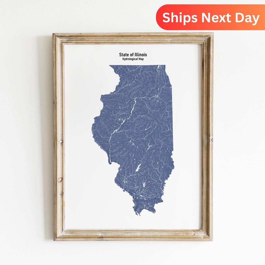Illinois Hydrology Map of Illinois Rivers and Lakes Wall Art for ...