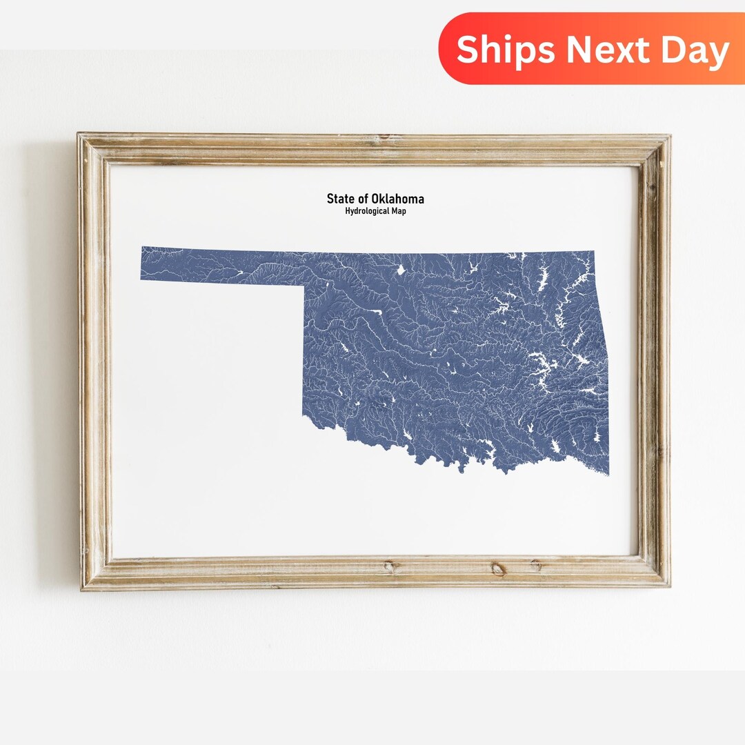 Oklahoma Hydrology Map of Oklahoma Rivers and Lakes Wall Art for ...