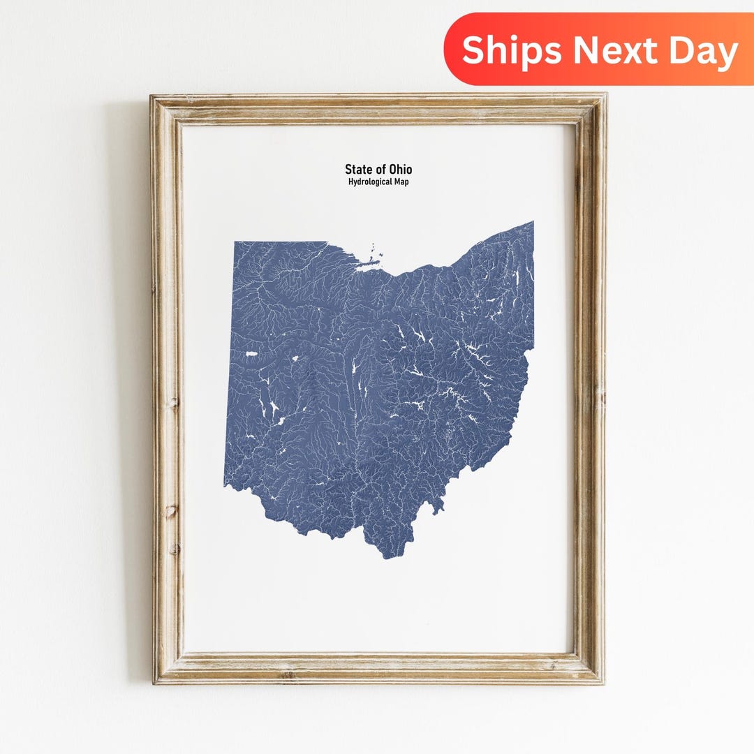 Ohio Hydrology Map of Ohio Rivers and Lakes Wall Art for Ohio Nature ...