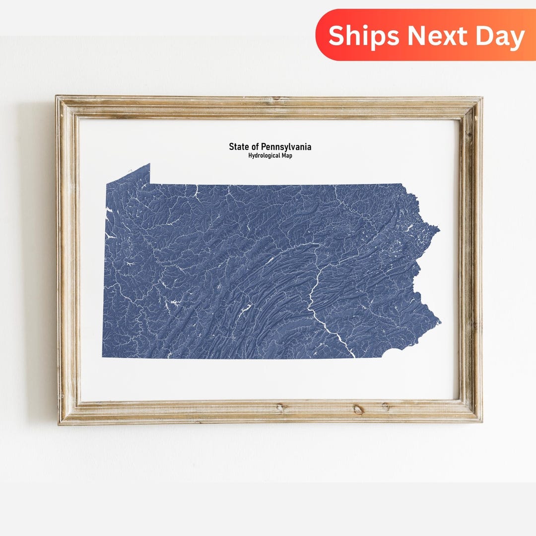 Pennsylvania Hydrology Map of Pennsylvania Rivers and Lakes Wall Art ...