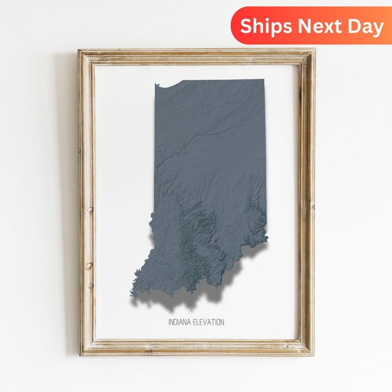 Indiana Elevation Map of Indiana Terrain Wall Art for Indiana Nature ...
